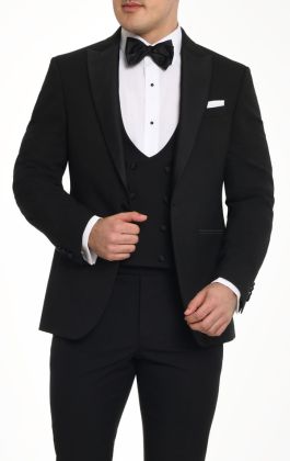 Dobell Smoking 3 Pièces Noir à Col en Pique | Dobell